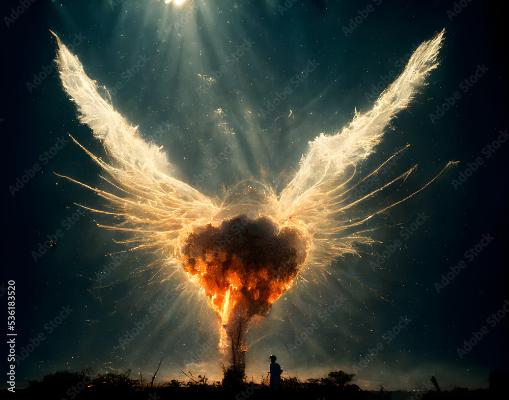 Nuclear war concept. Explosion of nuclear bomb with angel wings ...