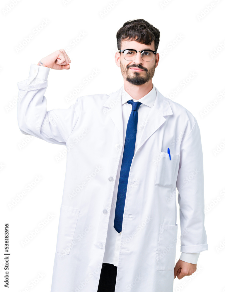 Young professional scientist man wearing white coat over isolated ...