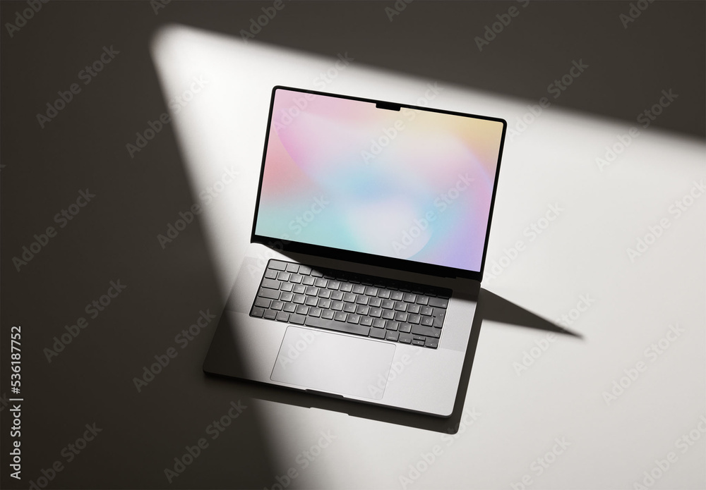 Laptop Mockup on Floor with Comtrast Light Stock Template | Adobe Stock