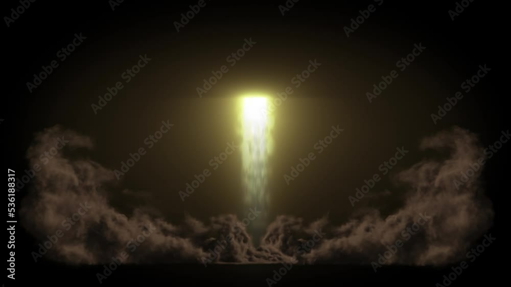 Flaming fire and smoke trail from a rocket launch or jet engine ...