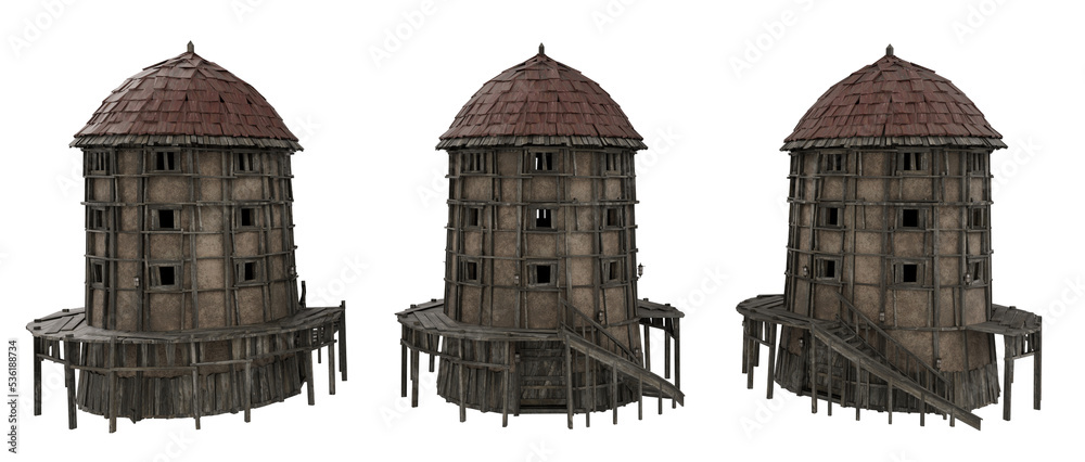 Rounded medieval tower building with wooden frame and steps. 3D ...