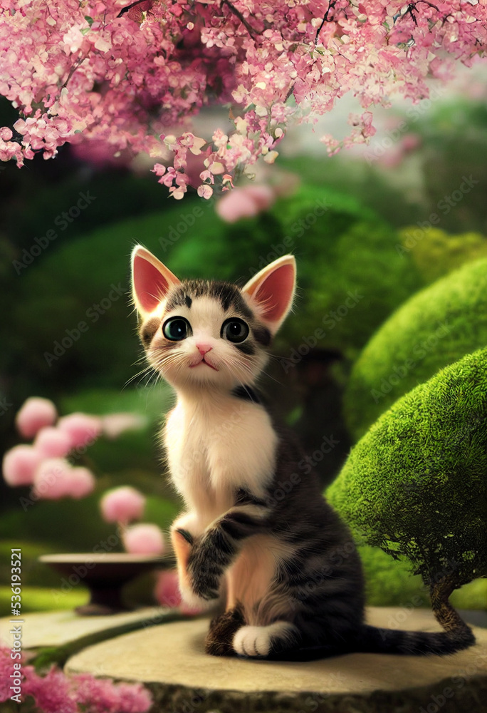 Cute cat in a Japanese garden illustration. Beautiful cat in 3D render ...