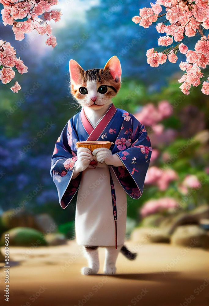 Cute cat wearing a kimono in a Japanese garden illustration. Beautiful ...
