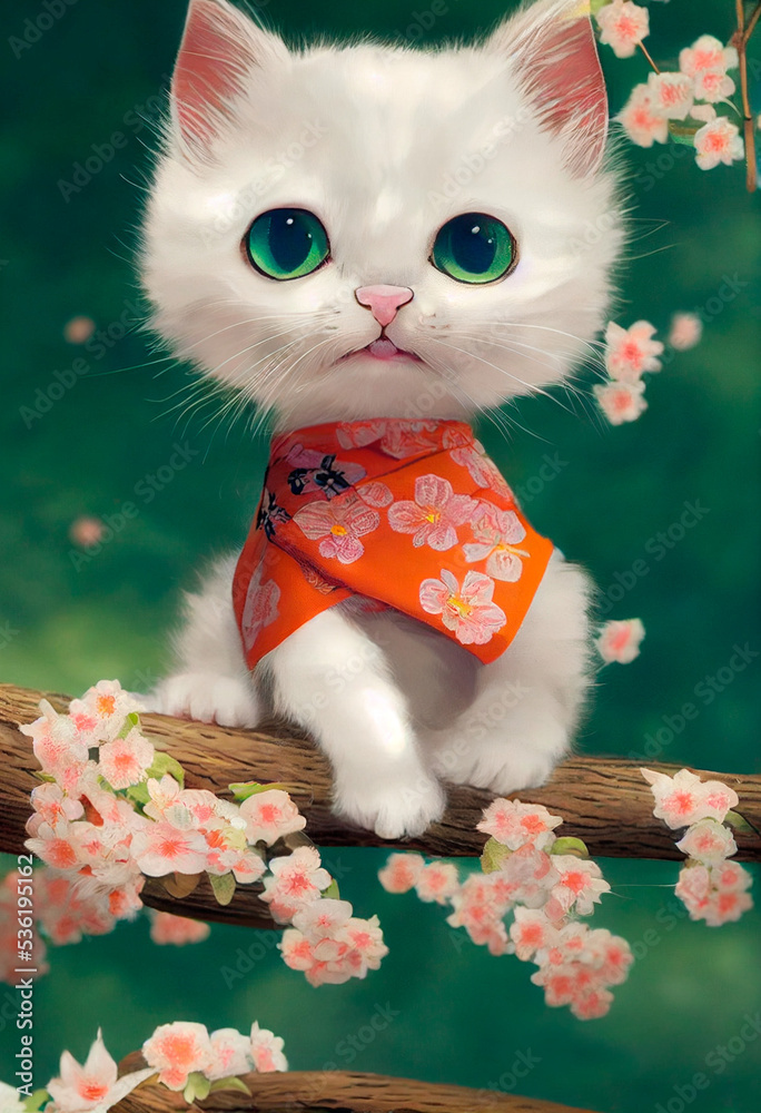Cute cat in a Japanese garden illustration. Beautiful cat in 3D render ...