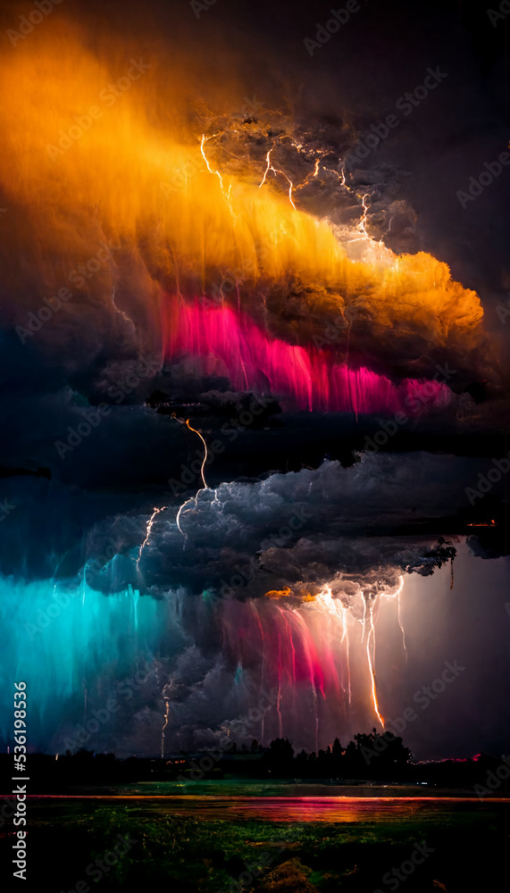 Rainbow clouds with lightning illustration Stock Illustration | Adobe Stock