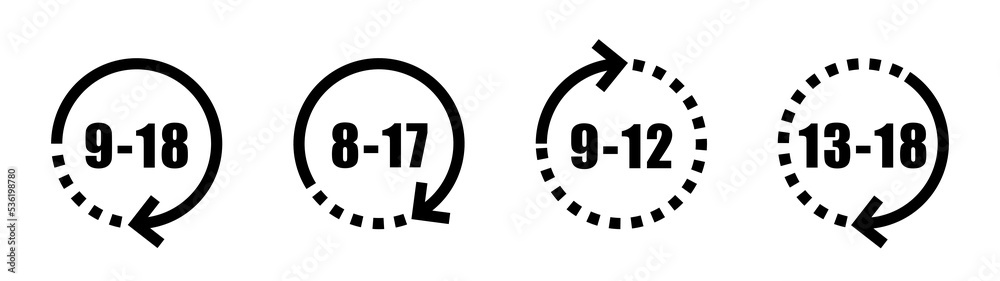 Clock icon set. From start time to end time of office work. Four types ...