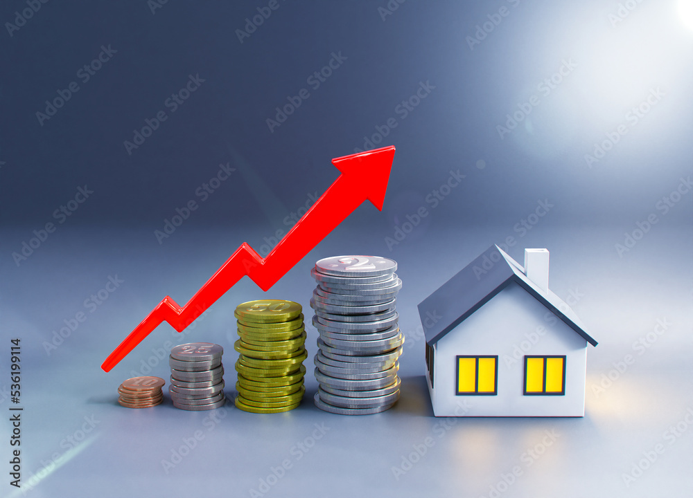 Rising house prices. Red arrow up, coins and a private house. Real ...