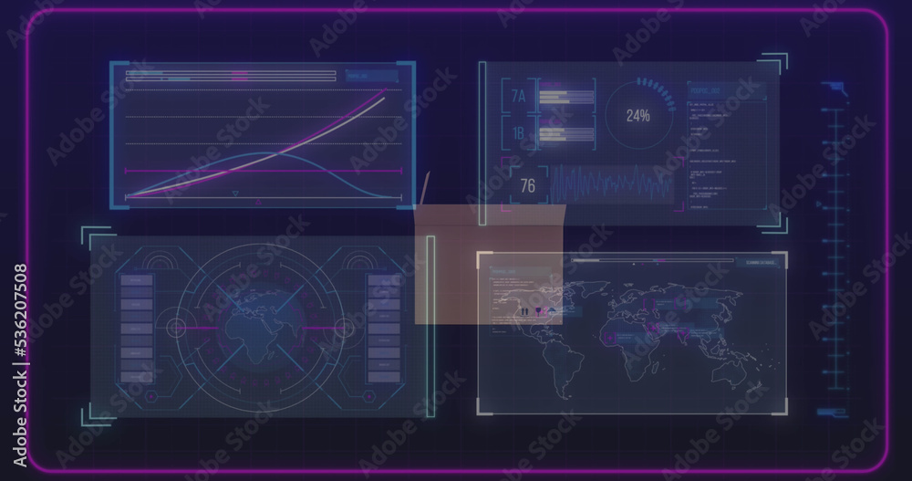 Composite of interface screens with graphs, map, loading circle, database and globe Stock ...