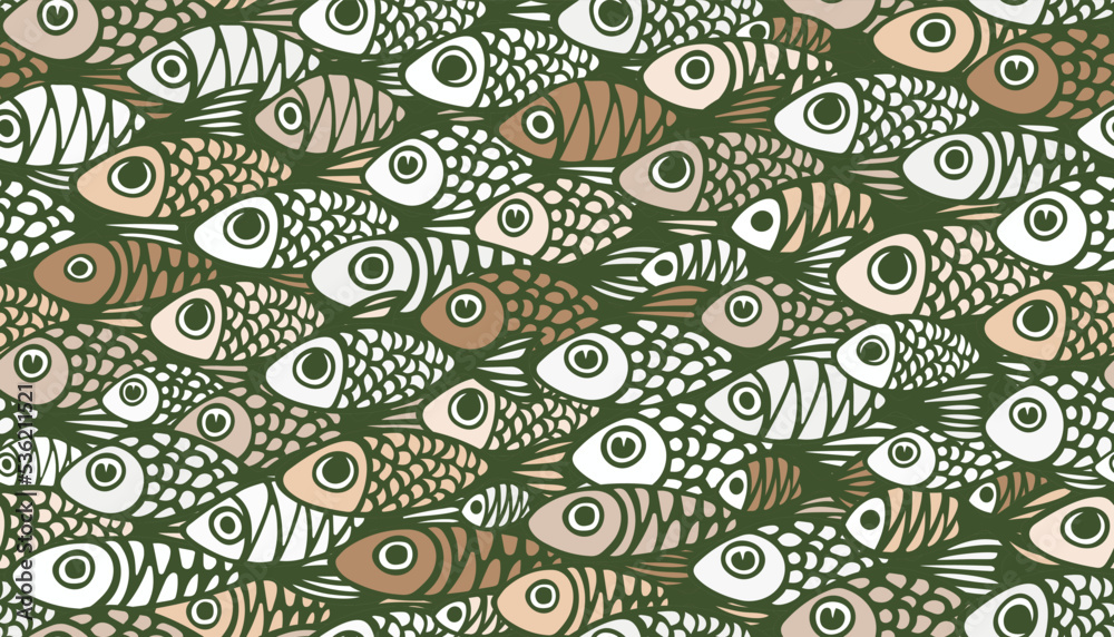 Seamless vector pattern with monochrome fish. A large school of fish ...