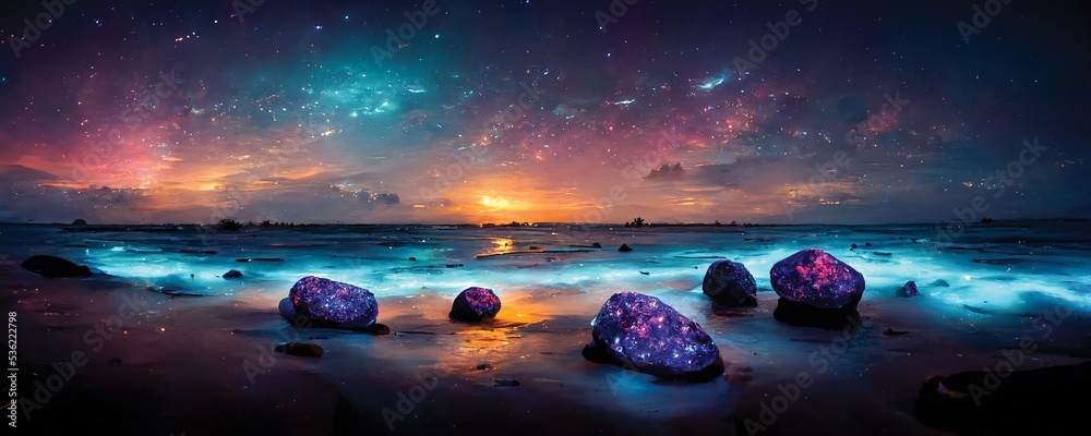 Fantasy night seascape, glowing marine life, starry sky, digital art ...