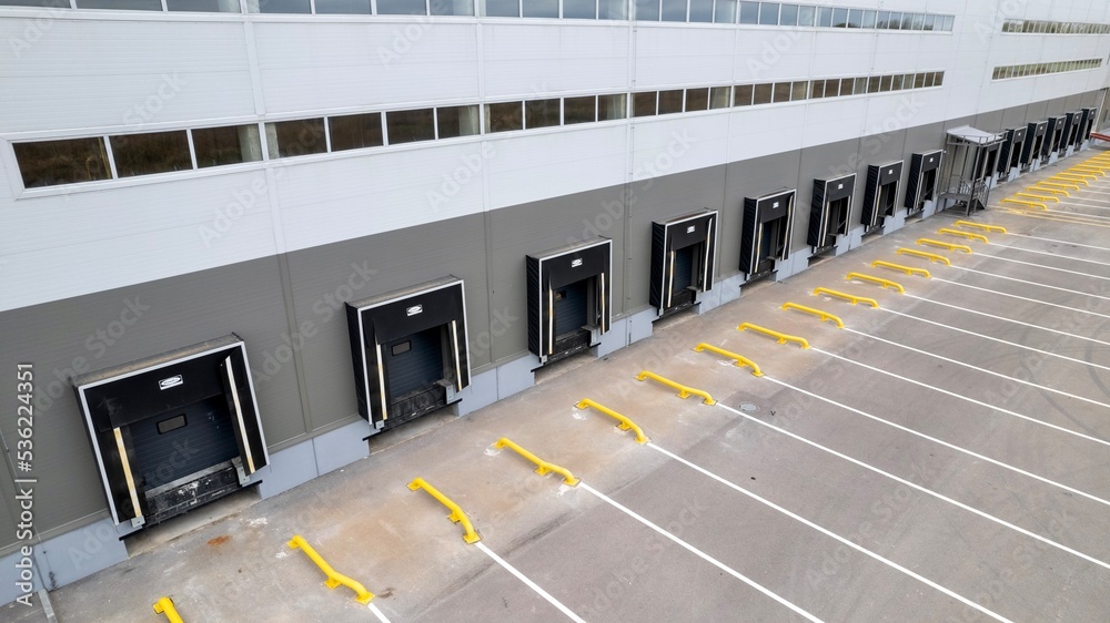 Distribution center. Gates for loading and unloading operations. Aerial ...