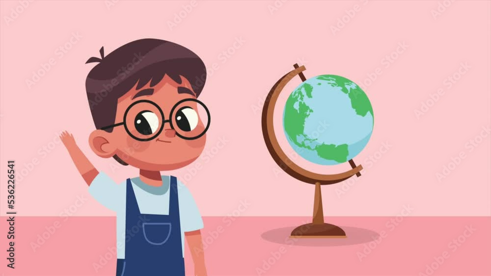 little schoolboy with earth map animation Stock Video | Adobe Stock