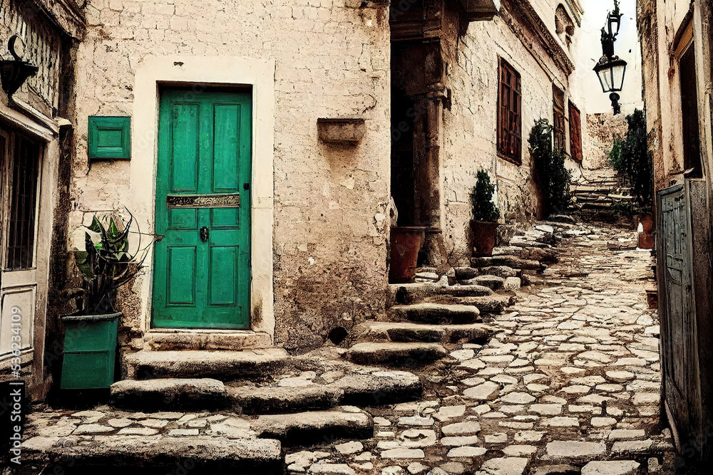 Beautiful old medieval downtown cobblestone alley streets, stone steps ...