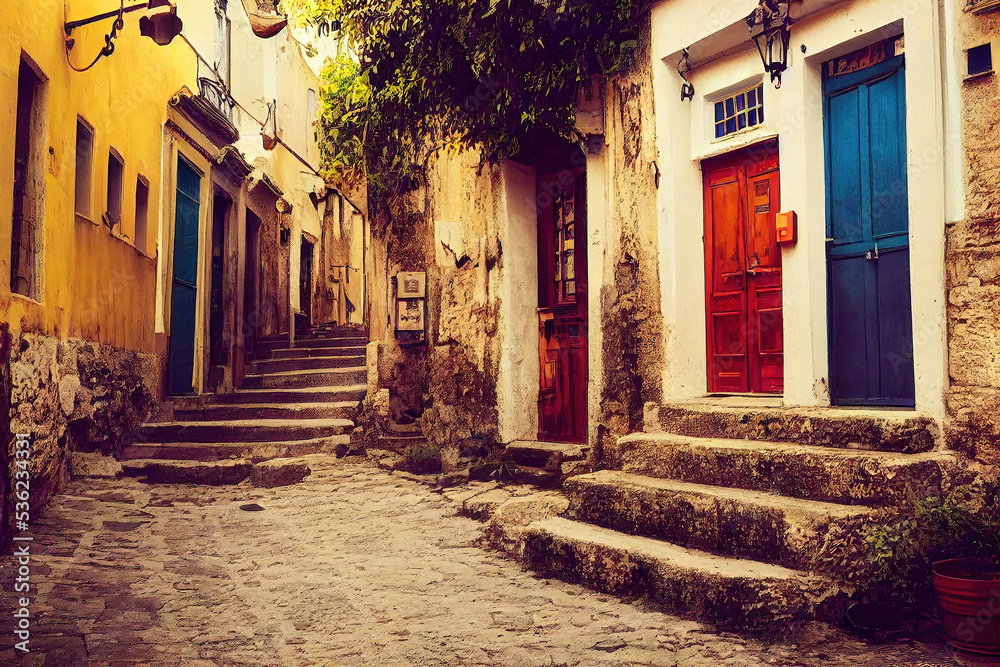 Beautiful old medieval downtown cobblestone alley streets, stone steps ...