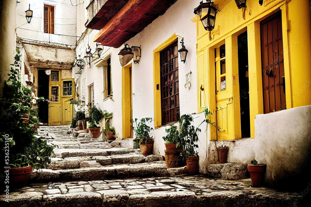 Beautiful old medieval downtown cobblestone alley streets, stone steps ...