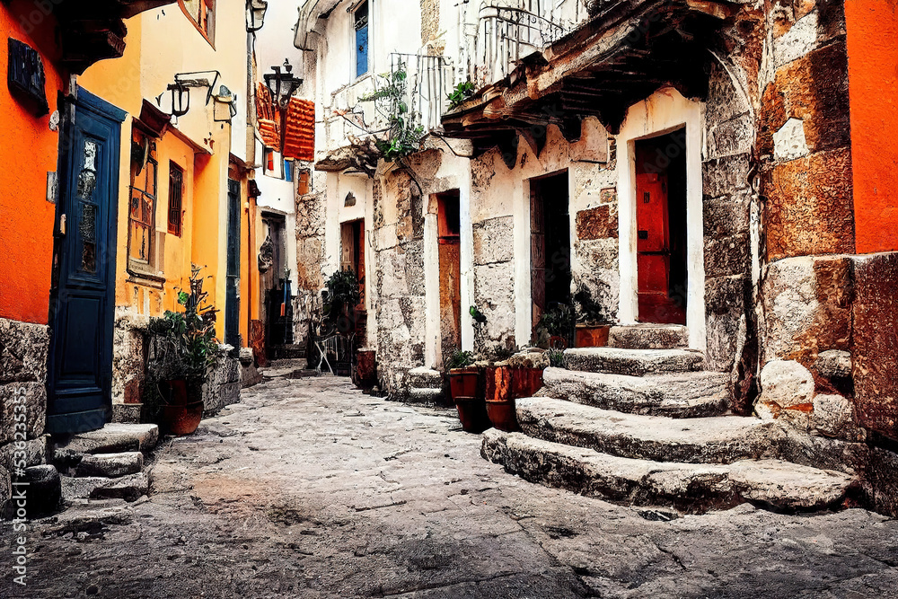 Beautiful old medieval downtown cobblestone alley streets, stone steps ...
