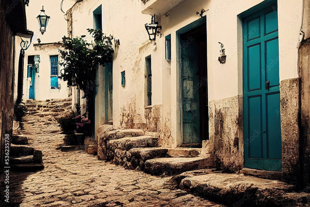 Beautiful old medieval downtown cobblestone alley streets, stone steps ...