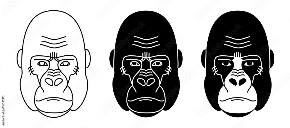 Three variants of the gorilla head logo. Monkey face icon. The head of ...