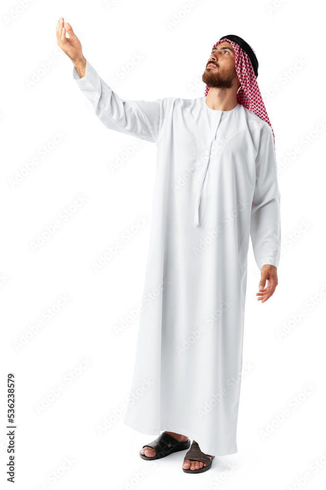 Young Arab man pointing hand isolated on white background Stock Photo ...