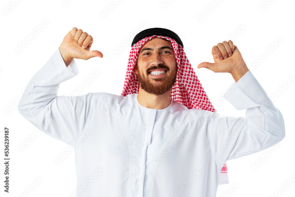 Young Arab man in traditional clothing pointing on himself on white ...