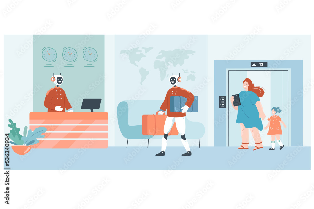 Robot as hotel staff helping family with baggage. Lobby interior with ...