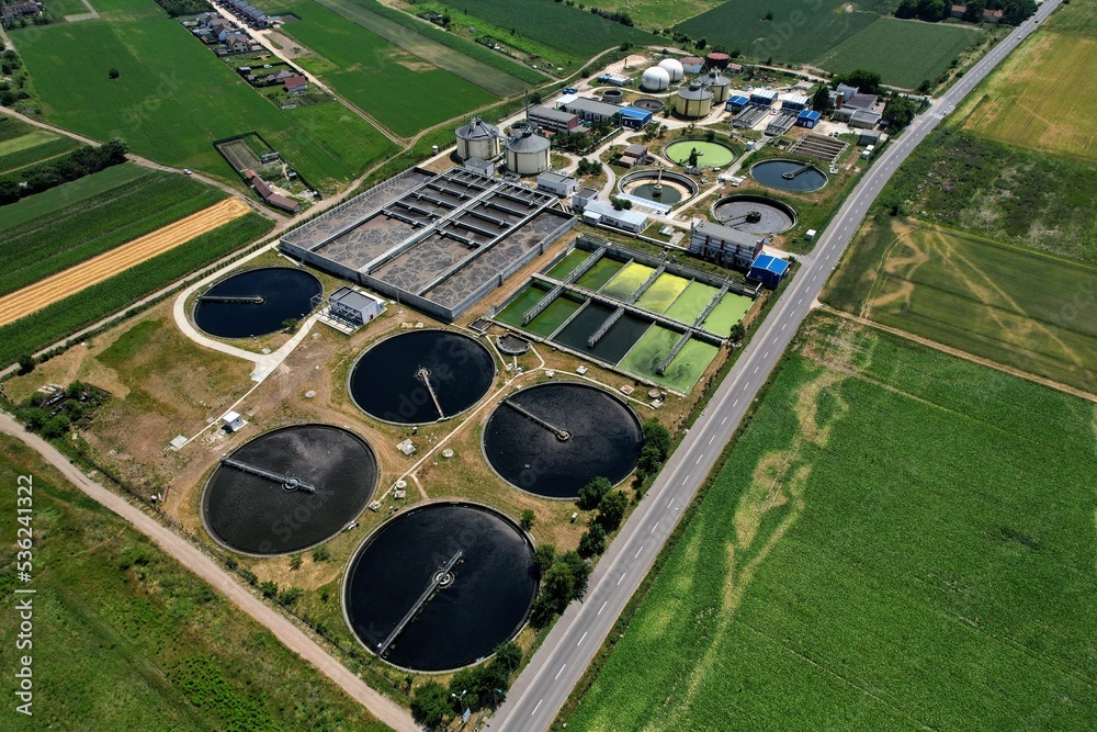 Drone image of large circular sedimentation tanks and rectangular ...