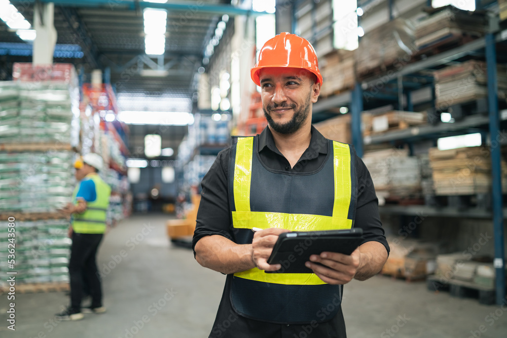 Professional manager man employee smile using tablet check stock ...