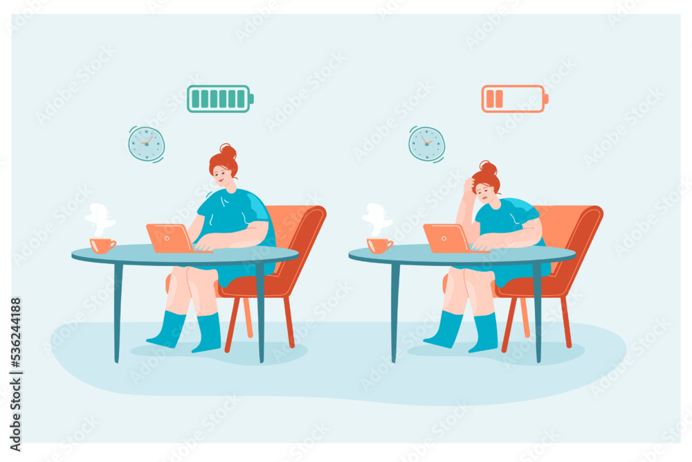 Happy and exhausted cartoon employee at table with laptop. Tired or ...