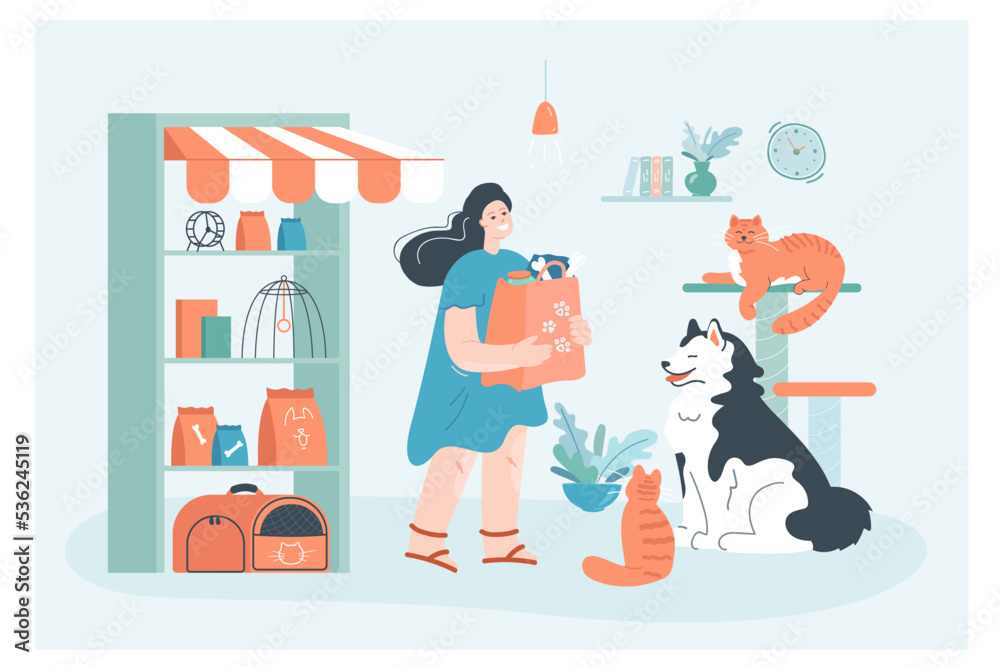 Happy female buying different goods for domestic animals. Girl inside ...