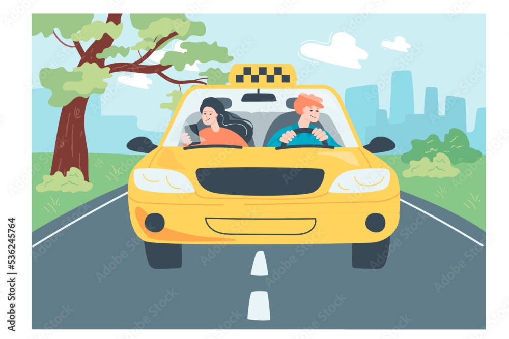 Taxi driver and female passenger driving in car on road. Cartoon ...