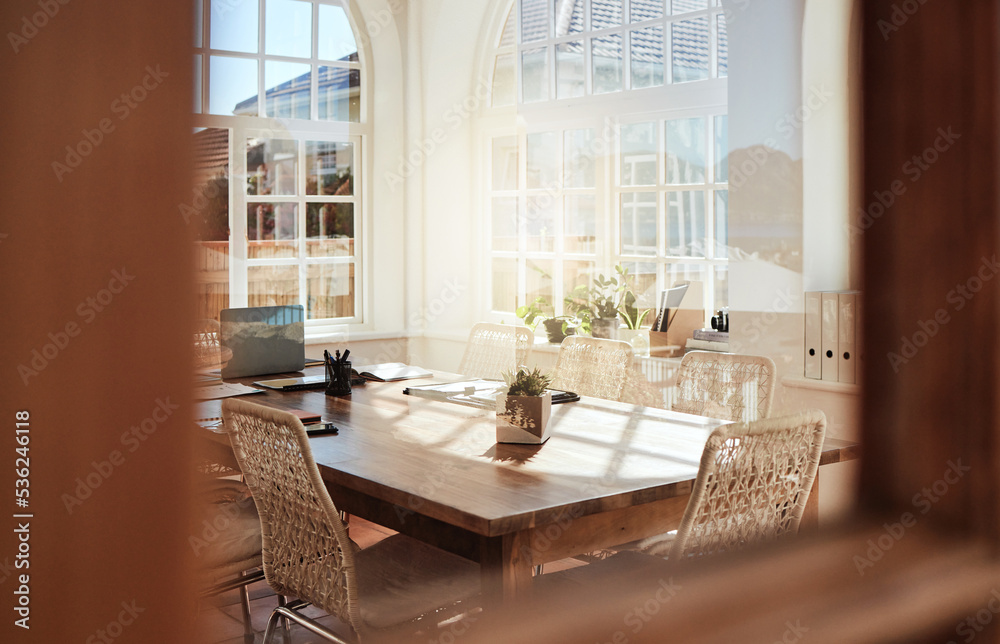 Interior, room and design with an empty home office in an office of a ...