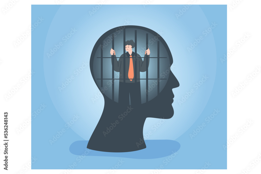 Prison with powerless business person inside human head or brain ...