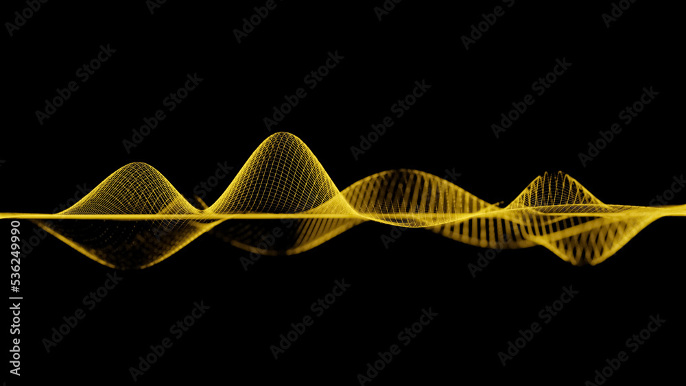 Glowing yellow abstract wireframe sound waves, visualization of ...
