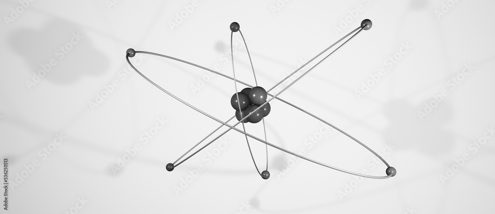 3D illustration model of an atom with nucleus, electrons, protons and ...