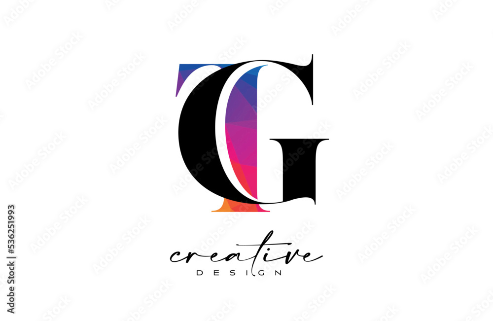 TG Letter Design with Creative Cut and Colorful Rainbow Texture Stock ...