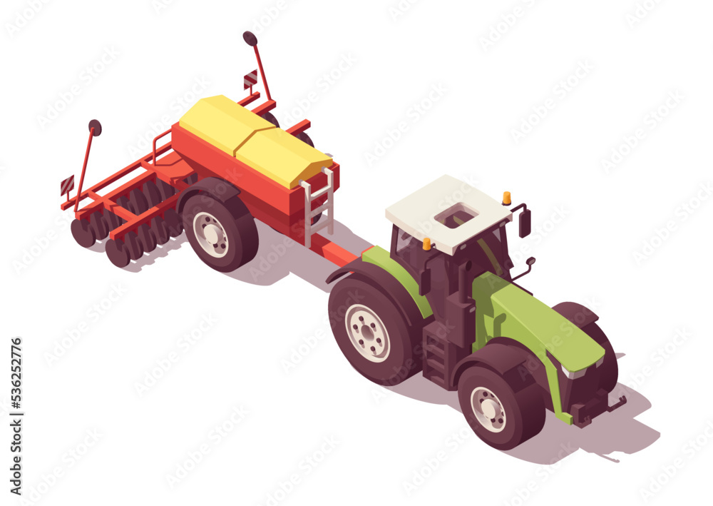 Isometric tractor with agricultural equipment set. Isolated low poly ...
