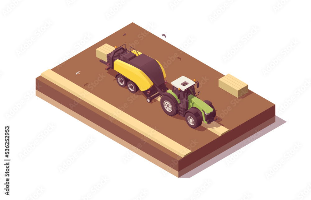 Isometric tractor composition. Isolated low poly green tractor with ...