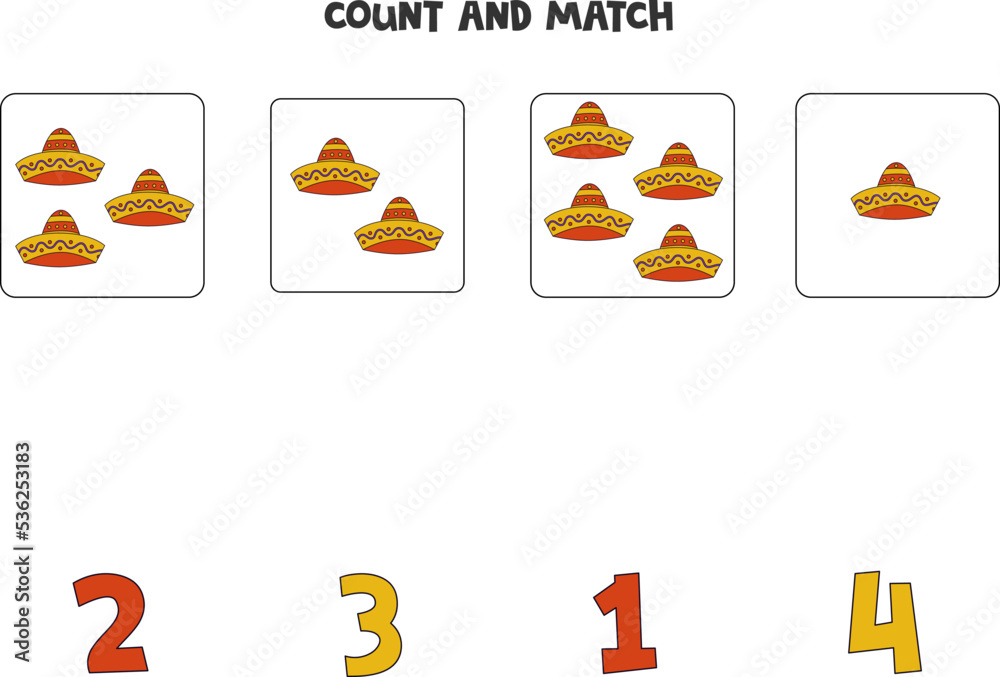 Counting game for kids. Count all Mexican hats and match with numbers ...