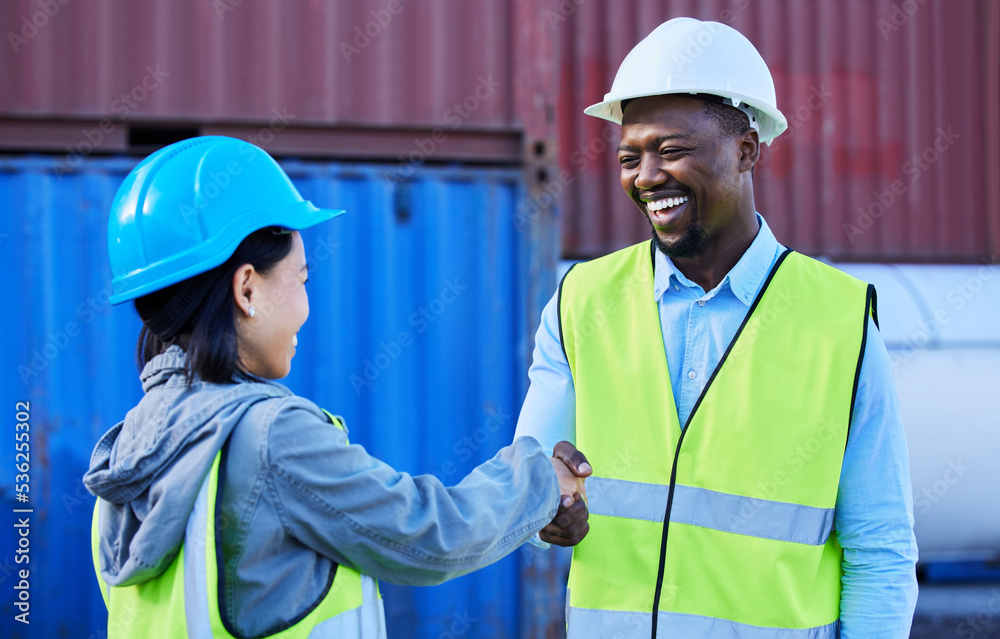 Logistics, handshake and shipping worker welcome boss at supply chain ...