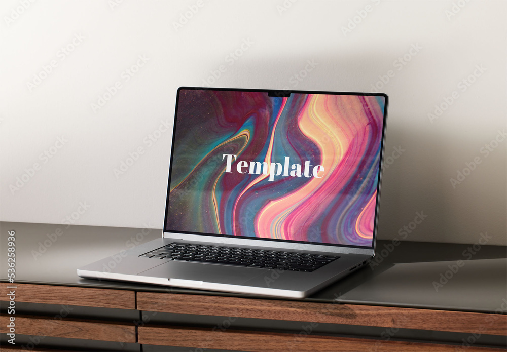 Laptop Computer Mockup on Metal and Wood Furniture Stock Template ...