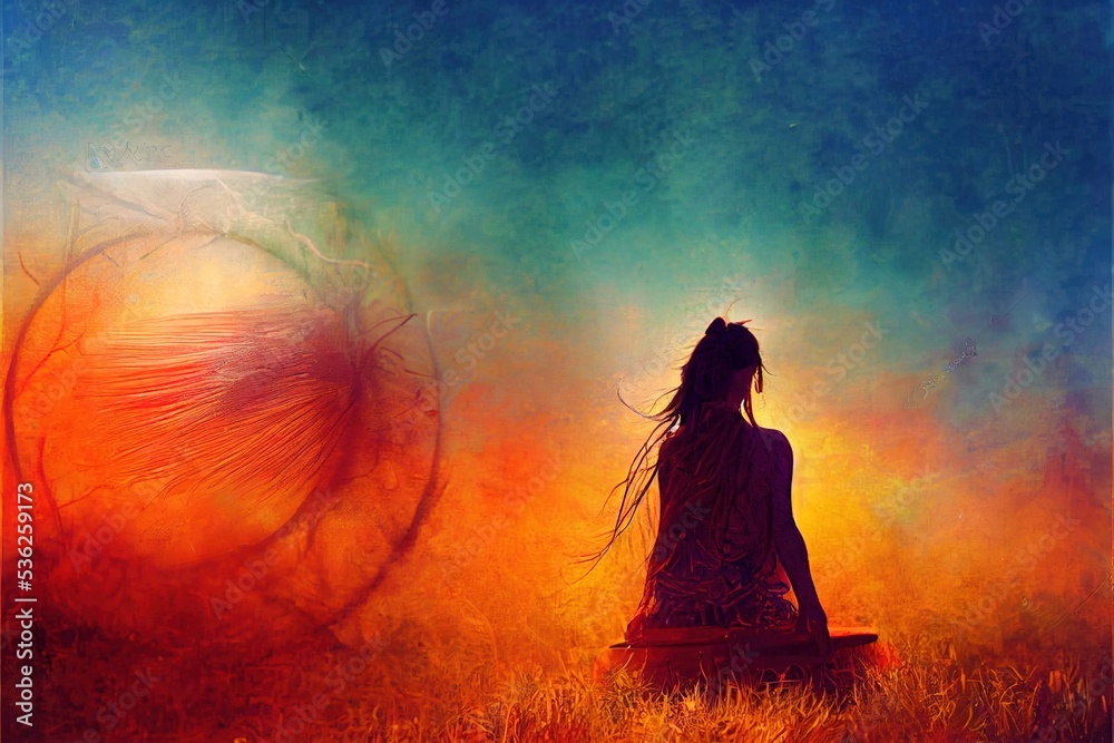 beautiful shamanic girl playing on shaman frame drum in the nature ...