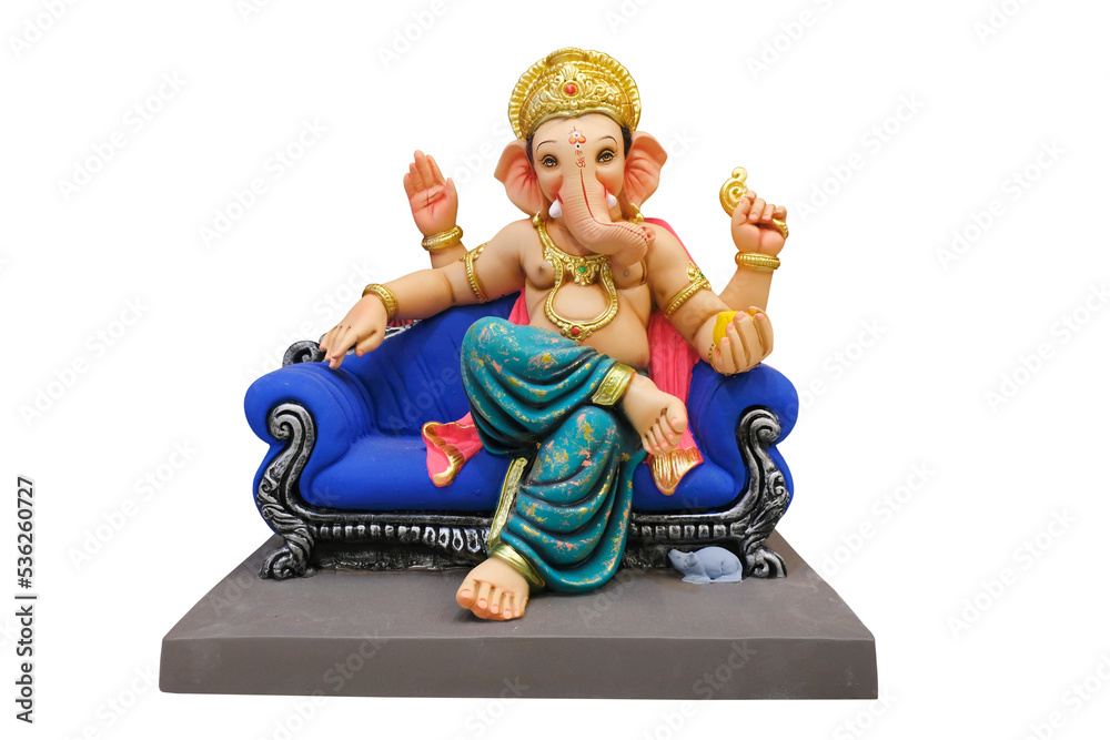 Hindu God Ganesha on white background, Ganesha Idol. Ganesh festival ...