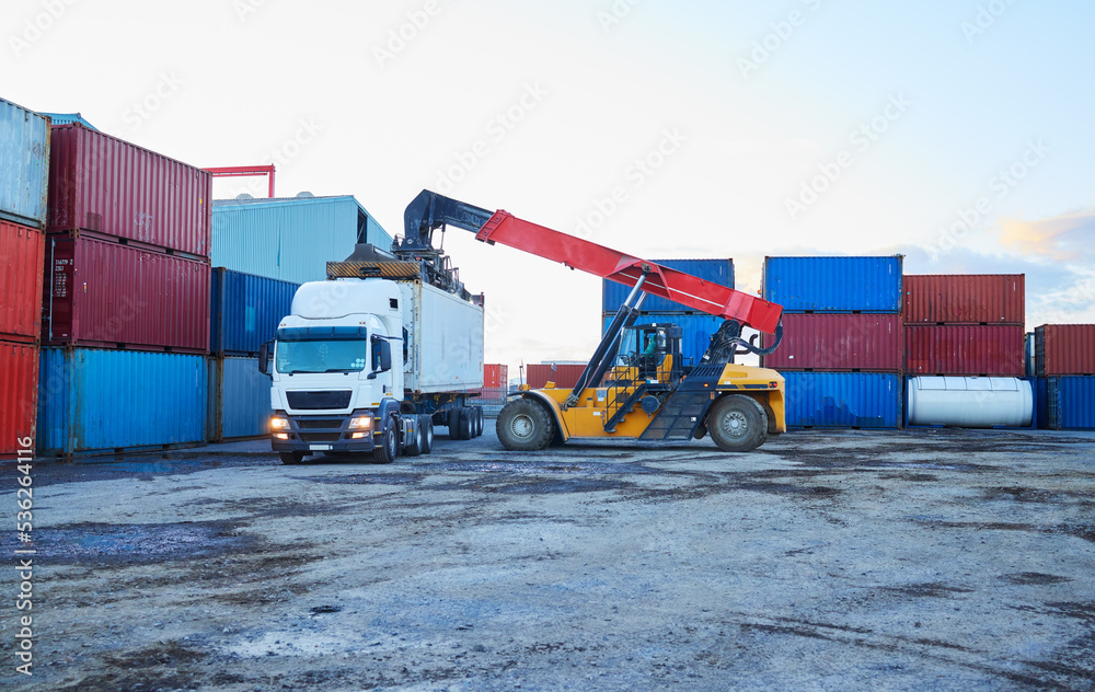 Logistics, shipping and container with truck and forklift in cargo ...