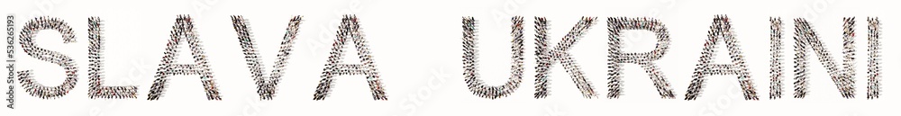 Concept or conceptual large community of people forming SLAVA UKRAINI ...