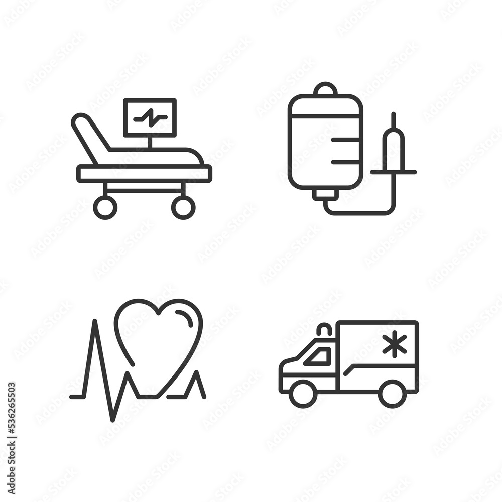 Emergency procedures pixel perfect linear icons set. Intensive care ...