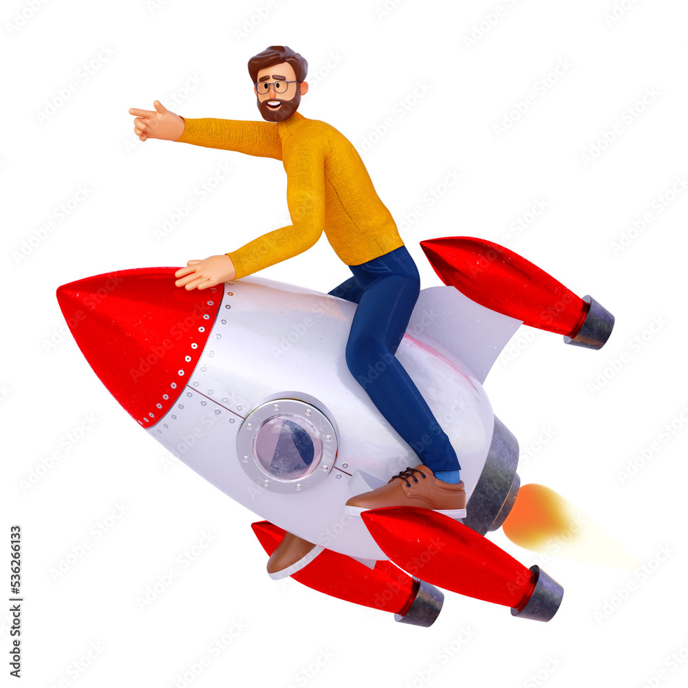 Modern businessman flying on the rocket. Concept of the fast innovation ...