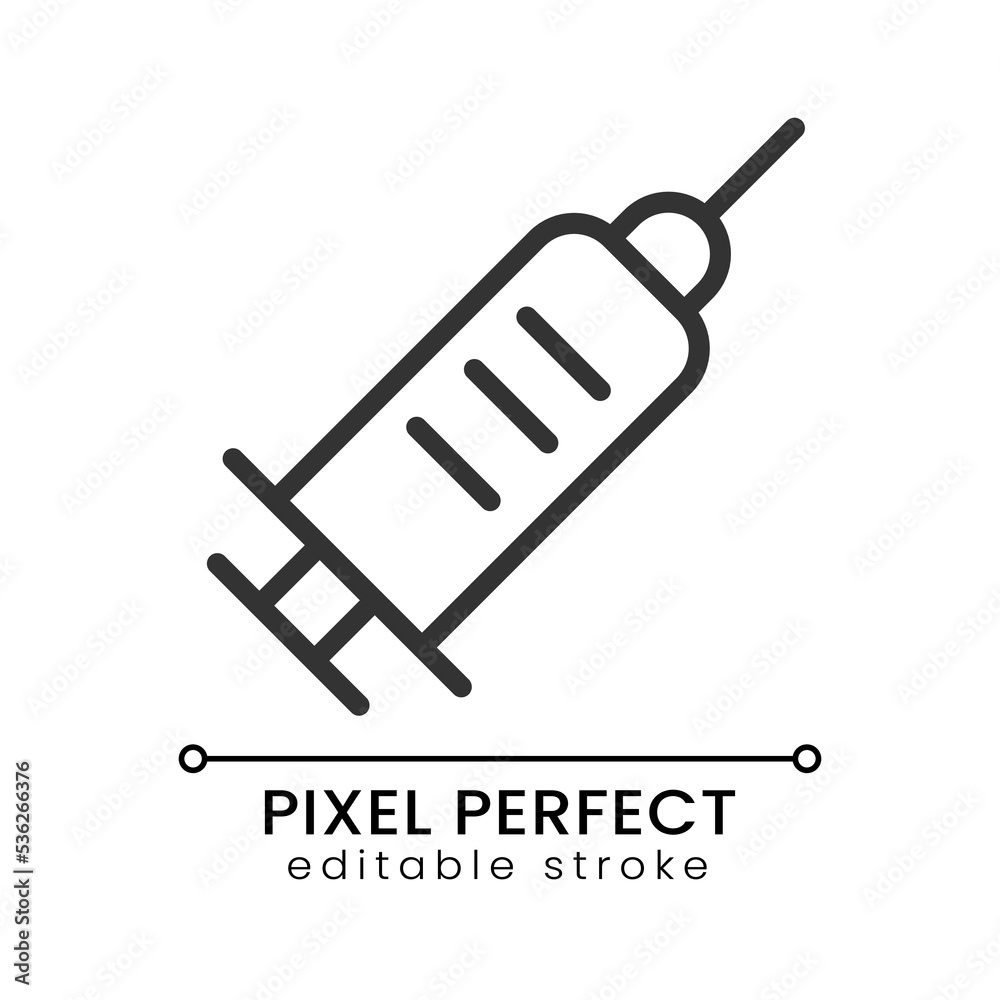 Medical syringe pixel perfect linear icon. Vaccine. Medication dosage ...