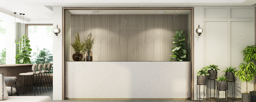 Interior of modern office of hotel reception and waiting room and gray ...