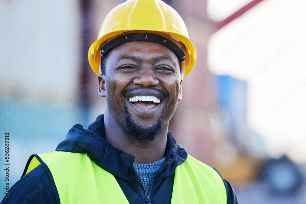Portrait, logistics and black man smile with helmet or hard hat at ...