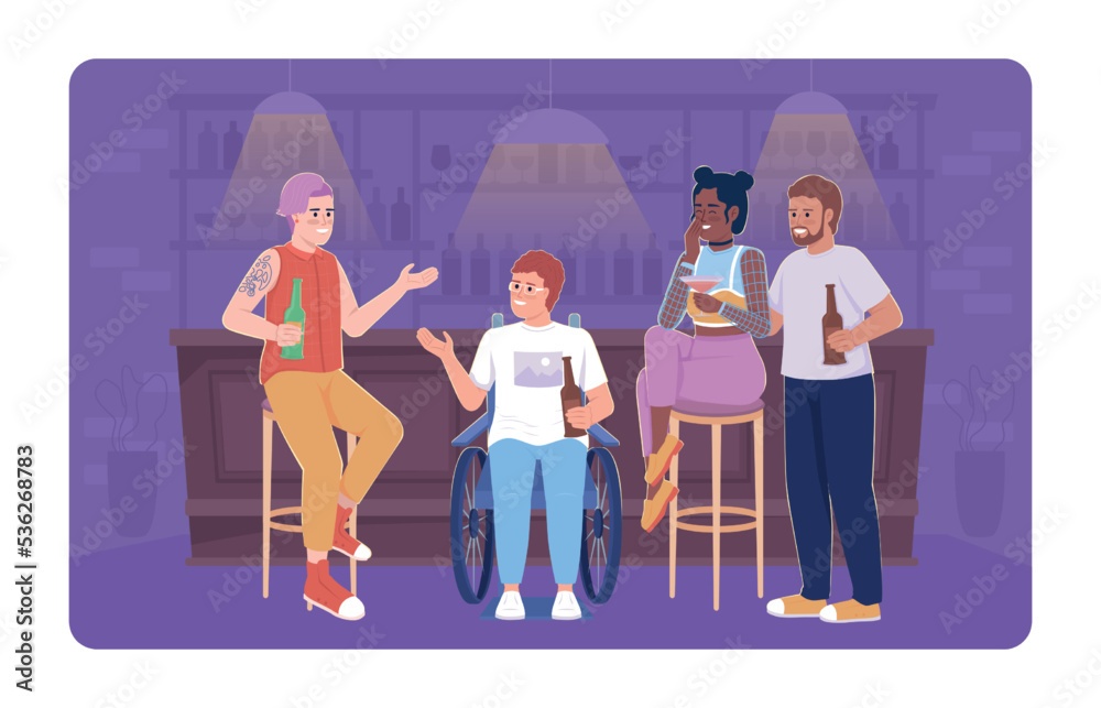 Friends in bar 2D vector isolated illustration. Communicating flat ...